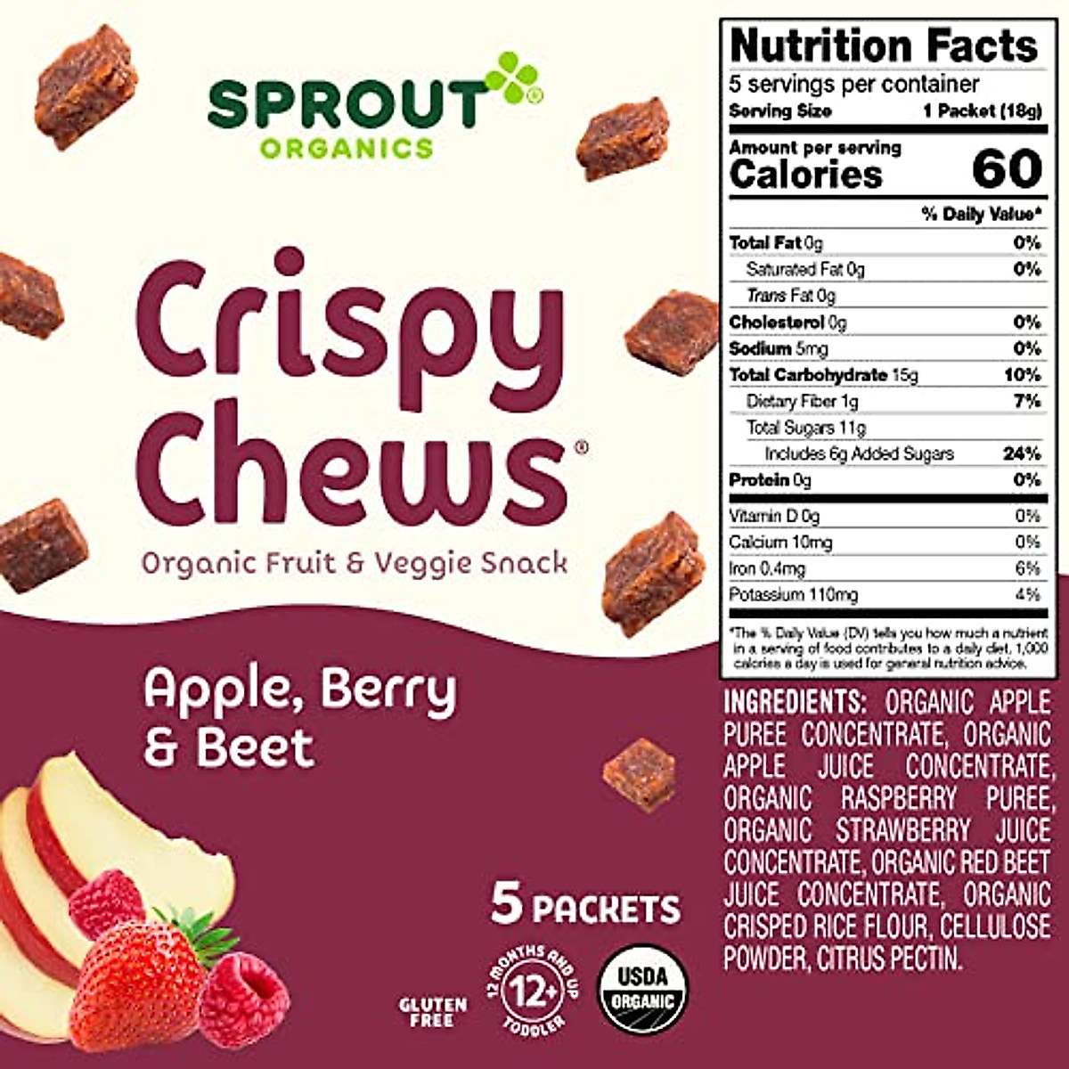 Sprout Organic Baby Food, Stage 4 Toddler Fruit Snacks, Red Fruit Beet & Berry Crispy Chews, 0.63 Oz Single Serve Packs (5 Count)