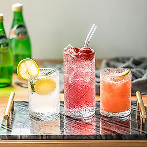 SoulTimes Glass Cups Vintage Glassware Set of 4, Drinking Glasses 12.5oz, Embossed Pattern Style Transparent Cocktail Glasses Set, for Ice Coffee,Juice,Beer,Bar Beverages,Drinkware, Transparent (L)