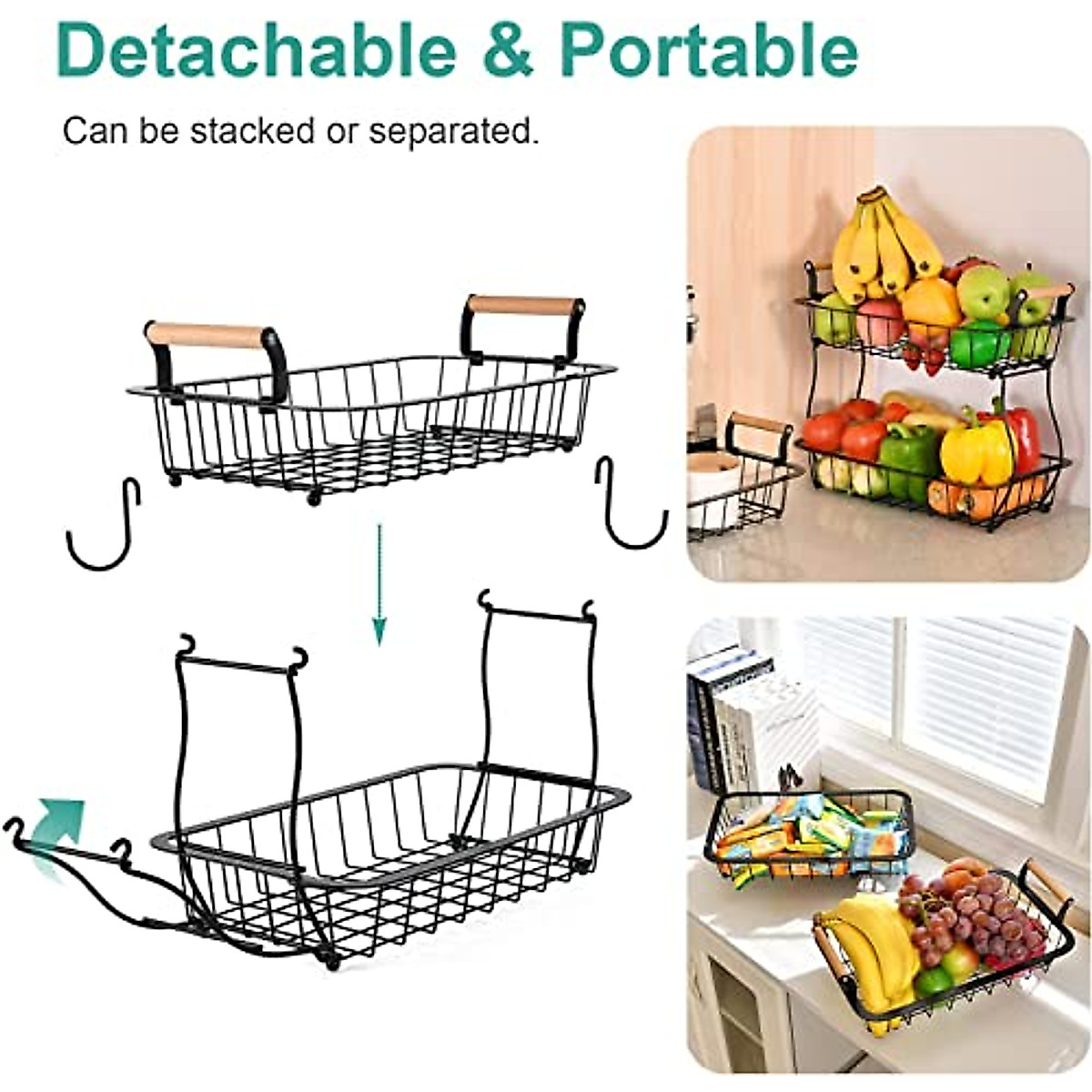 2 Tier Fruit Basket Bowl with 2 Banana Hangers for Kitchen Counter, Metal Countertop Fruits Produce Storage Basket Holder, Large Fruit Vegetable Stand Organizer for Bread Snack Veggies Potato, Black