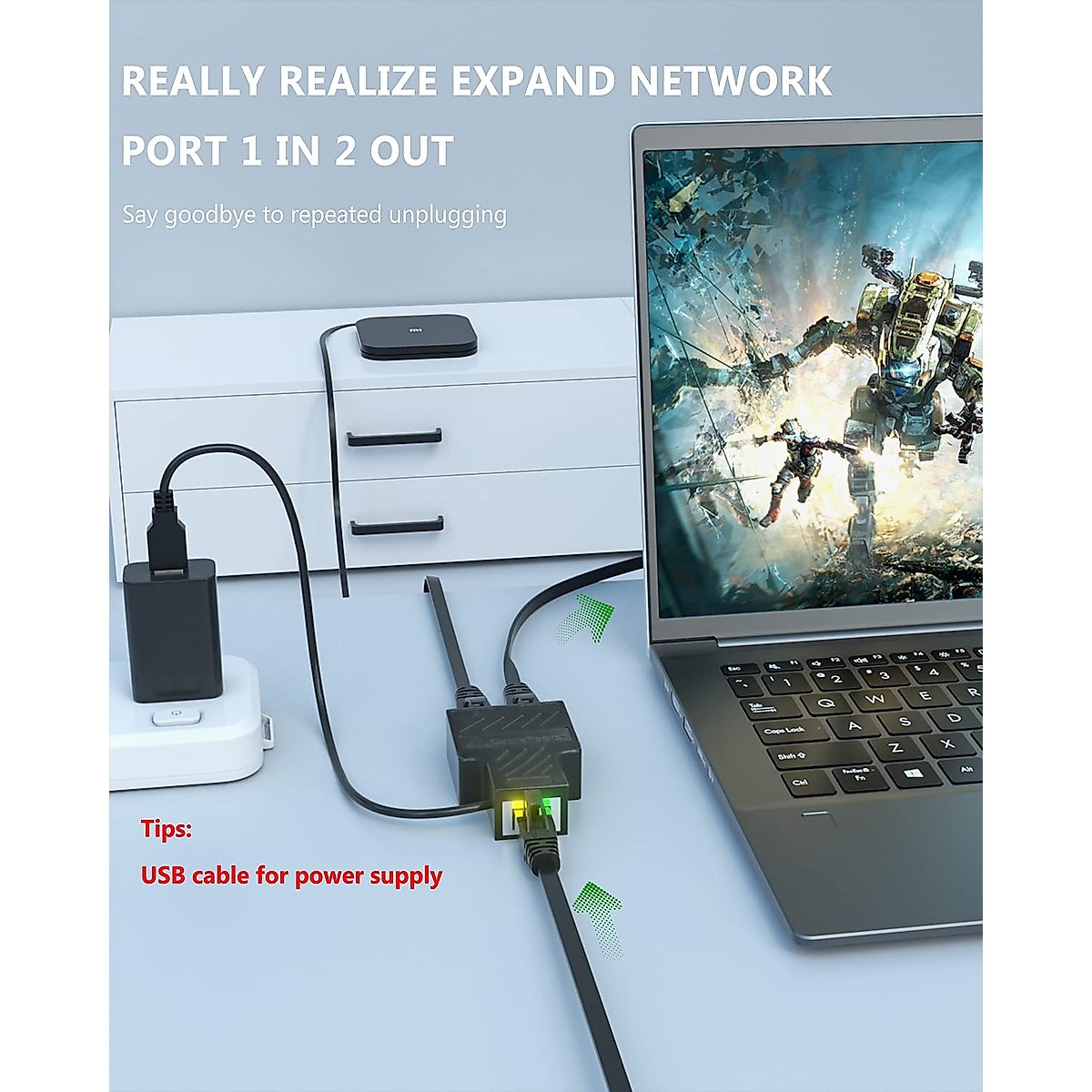 CableGeeker Ethernet Splitter High Speed, 100Mbps Ethernet Splitter 1 to 2 [2 Devices Simultaneous Networking], RJ45 Internet Splitter with USB Power Cable, Network LAN Splitter for Cat 5/6/7/8 Cable