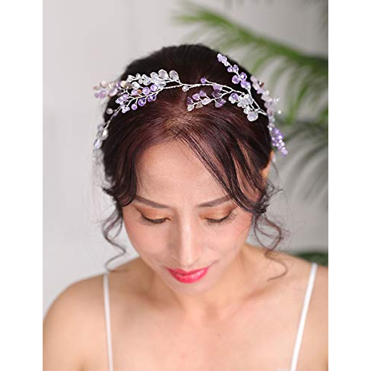 Denifery Purple Bridal Wedding Hair Vine Purple Natural Stone Hair Vine Crystal Headpieces Bride Hair Accessories for Women and Girls