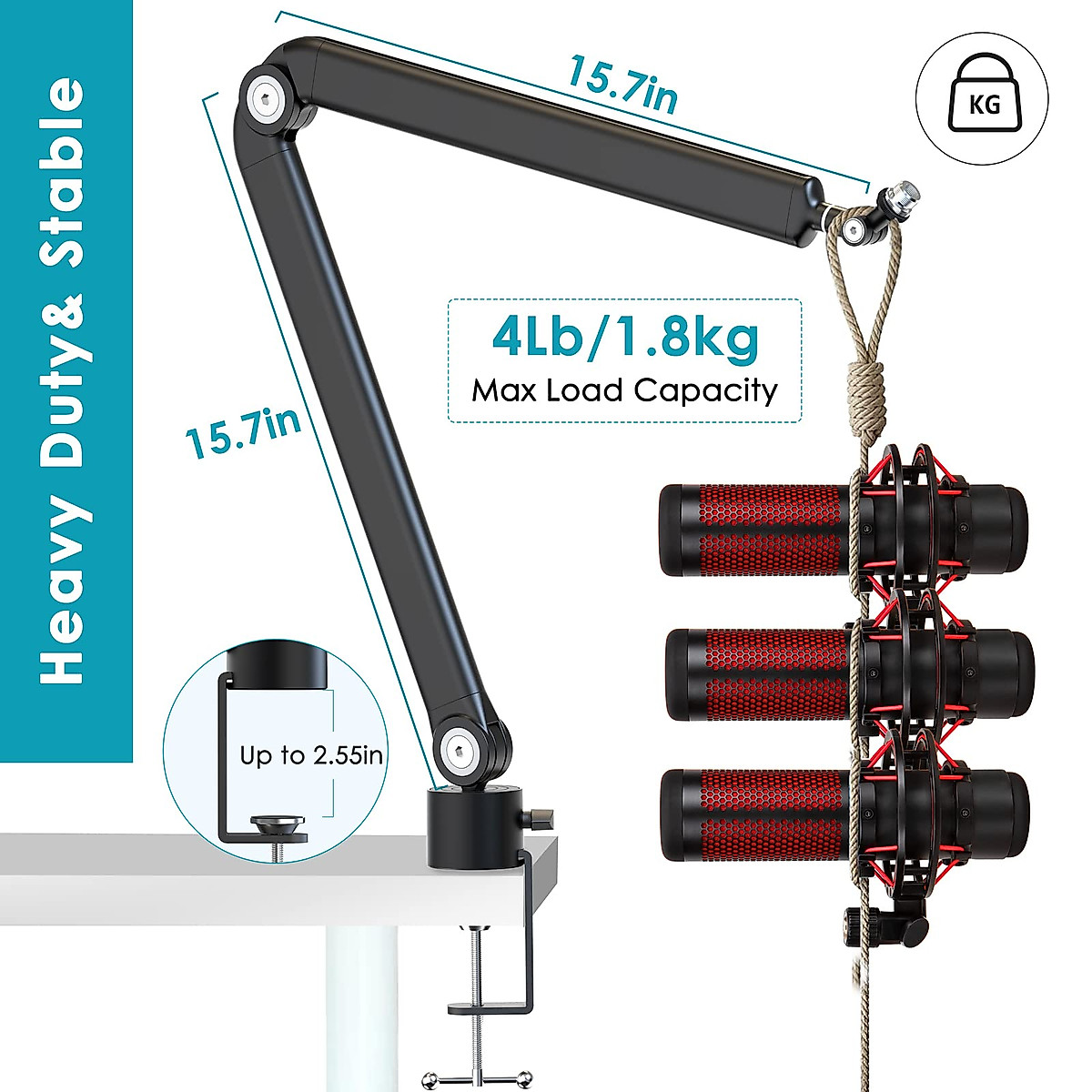 YOUSHARES Mic Boom Arm for Blue Yeti Microphone, HyperX QuadCast Mic, Fifine, Rode, Shure, Razer and Most Microphones, Flexible Metal Mic Arm Stand Desk Mount with 5 Freely Adjustable Joints