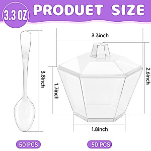 50 Pack Clear Plastic Dessert Cups with 50 Lids and 50 Spoons,3.3oz Hexagonal Parfait Cups Appetizer Cups,Disposable Mini Dessert Cups Tumbler Serving Cups for Desserts,Appetizers,Mousse,Puddings