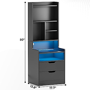 ADORNEVE Tall Night Stand with Charging Station and LED Lights,Nightstand with Bookshelf,Bedside Table with Drawers & Power Outlets,End Side Table for Bedrooms (Black)