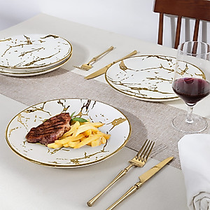 fanquare 10" Gold Marble Dinner Plate, Modern Ceramic Dishes Set for 4, Large Porcelain Plates Set, Round Kitchen Serving Plates, Dishwasher Safe