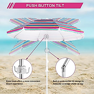 Aoxun Beach Umbrella, 7ft Umbrella with Sand Anchor & Tilt Aluminum Pole, Portable UV 50+ Protection Beach Umbrella with Carry Bag Rainbow Stripe