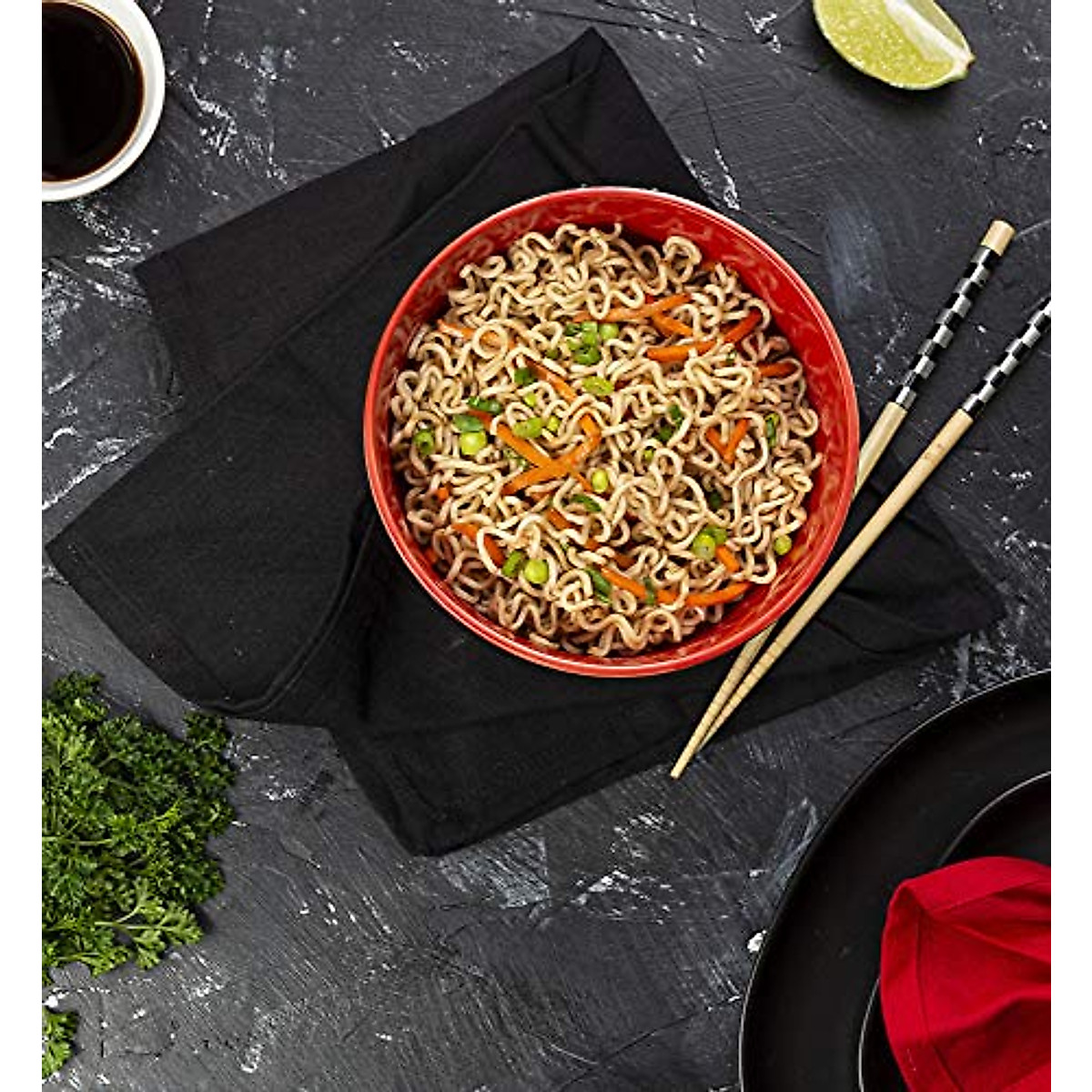KooK Ceramic Japanese Noodle Bowl Set, Large Capacity, For Ramen, Udon, Soba, Pho and Soup, Microwave and Dishwasher Safe, 34 oz, Set of 4 (Black/Red)