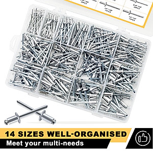 Siptenk 530PCS Pop Blind Rivets Assortment Kit, SAE Aluminum Assorted Rivet Set 14 Sizes 3/32" 1/8" 5/32" 3/16" 1/4" Pop Rivet Kit for Metal