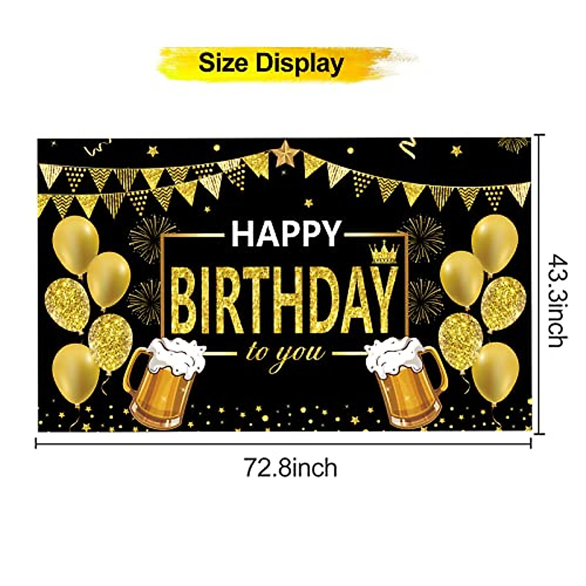 Black and Gold Happy Birthday Banner Decorations, Black Gold Happy Birthday Theme Backdrop Party Sign Supplies, 21st 30th 40th 50th 60th 70th 80th Birthday Poster Background Photo Booth Props Decor