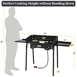 ROVSUN 2 Burner Outdoor Camping Stove with Wind Panel & Shelves, Heavy Sturdy Propane Burner, Gas Cooker with Detachable Legs & CSA Regulator & Carrying Bag for Home Camp Paito Cooking Frying Canning