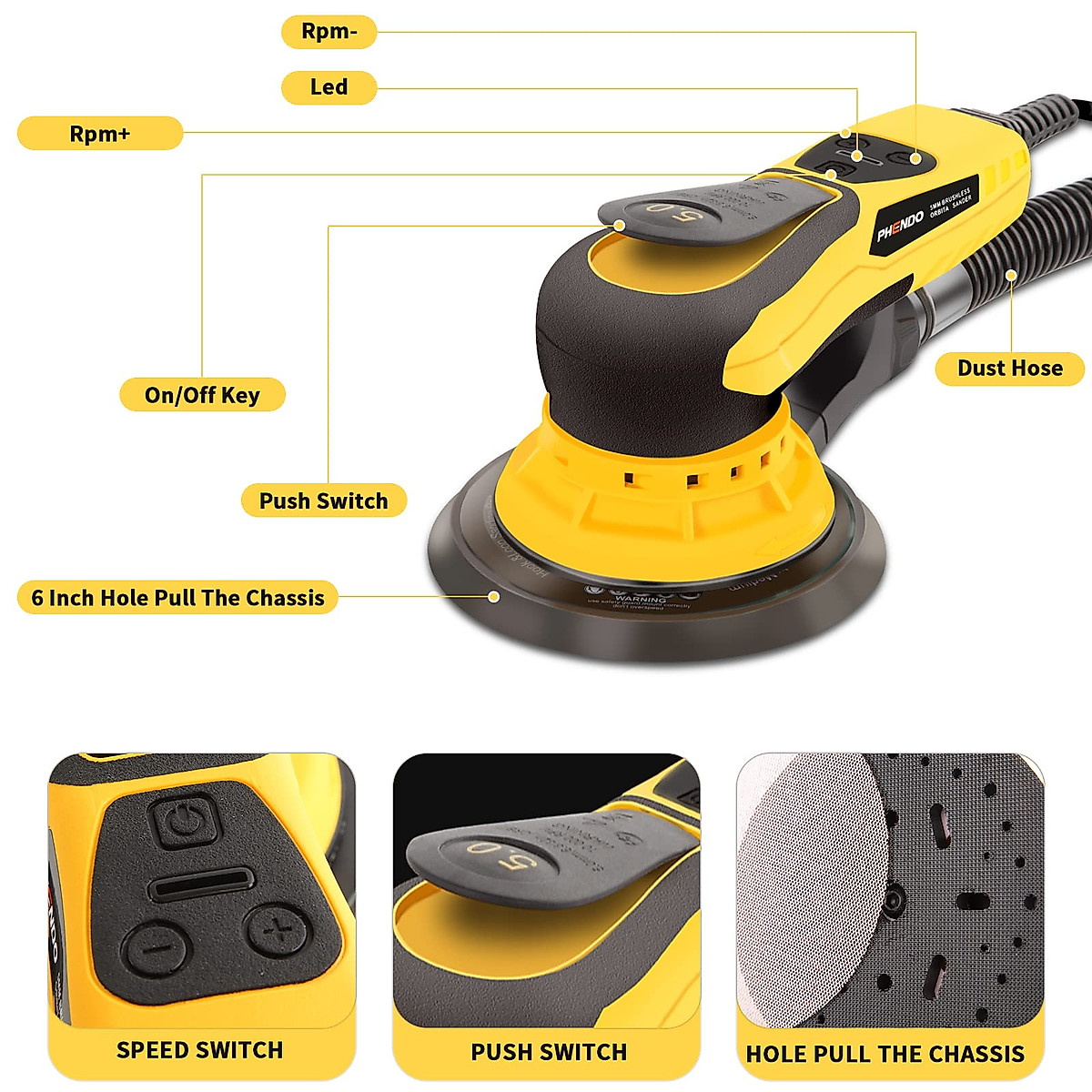 PHENDO Electric Random Orbital Sander Brushless 350W 3A Multi-function Variable Speed Corded Orbital Sanders Machine For Woodworking, Car, Drywall Sanding, Polishing…