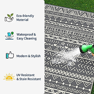 MCOW 6'x9' Boho Outdoor Rugs for Patios, Waterproof Plastic Straw Rug, Reversible Rv Area Mat Clearance for Outside, Camping, Deck, Camper, Porch, Balcony, Backyard, Picnic, Grey&White