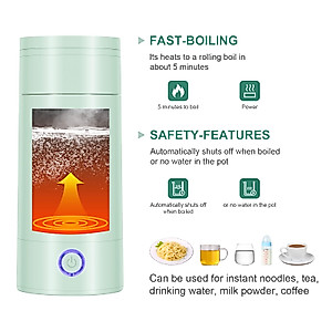 Portable Travel Electric Kettle, 300ml Small Electric Tea Kettle, Mini Portable Hot Water Boiler Stainless Materials Automatic Shut off and Dry Protection (Green)