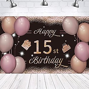 Happy 15st Birthday Backdrop Banner Black Pink 15th Sign Poster 15 Birthday Party Supplies for Anniversary Photo Booth Photography Background Birthday Party Decorations, 72.8 x 43.3 Inch