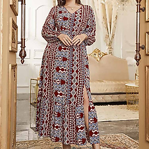 Dresses for Women Plus Size Women's Summer Casual V Neck Geometric Print Long Sleeved Loose Elastic Waist Dress Long Red