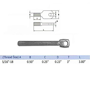 Set of 5 Pcs 3-1/2 Inch Long 5/16 Inch - 18 Thread Size SST316 Threaded Eye Tab