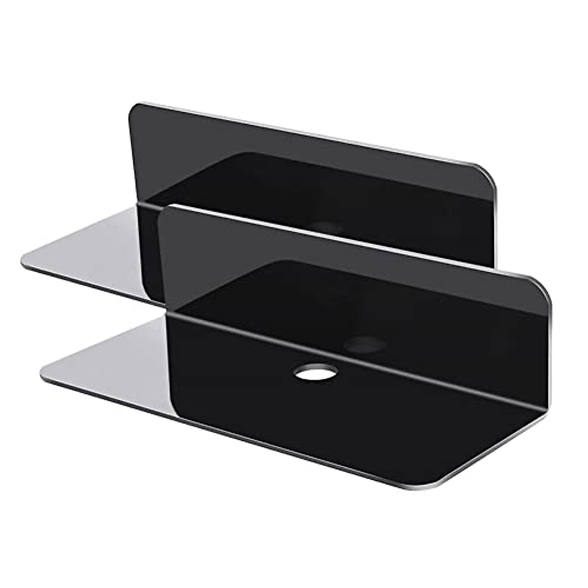 Acrylic Floating Wall Shelves 2 pcs, Damage-Free Expand Wall Space, Small Display Shelf for Smart Speaker/Action Figures with Cable Clips, Bluetooth Speaker, Webcam, Phone Stand (Black)