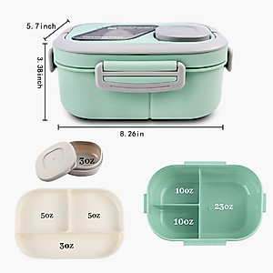 Tinaforld Adults Bento Lunch Box,Salad Container Large 43oz Salad Bowl, Bento-Style Tray for Toppings, 3oz Sauce Container for Dressings, and Built-In Reusable Fork (Green)