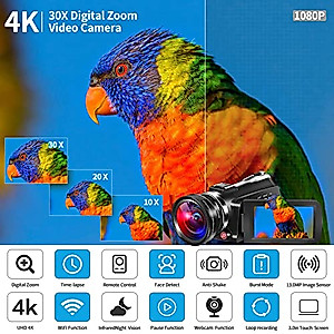 4K Video Camera Camcorders 30MP Ultra HD Infrared Night Vision Wifi Vlogging Camera for YouTube 30X Digital Zoom Touch Screen Camera Recorder with Wide-Angle Lens,32GB SD card、Infrared Flashlight