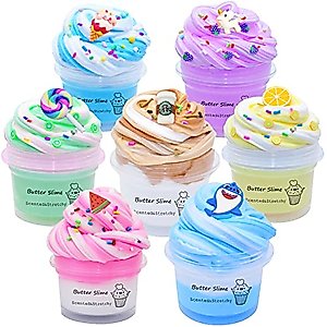 QPOFTYJ Butter Slime Kit for Kids, 7 Pack Two-Toned Colorful Stress Relief Toys, Birthday Gifts, Party Favors for Girl Boys 6 7 8 9 10 11 12, Unscented