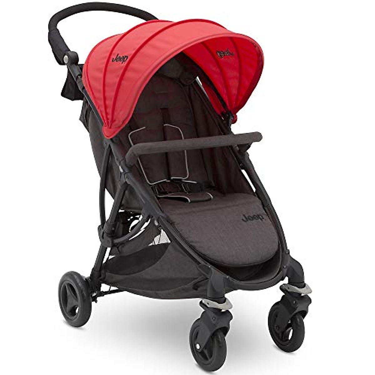 Jeep Gemini Stroller by Delta Children - Full of Features: Easy One-Hand Fold, Recline, Lightweight, Oversized Canopy, 2 Cup Holders, Shock Absorbing Frame, Grey Tweed with Red