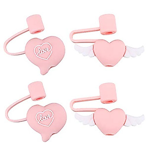 UPKOCH Reusable Drinking Straw Tip Plugs 4pcs Silicone Heart with Wings Straw Tips Cover Anti- Airtight Seal Proof Straw Caps Durable Straw Plug