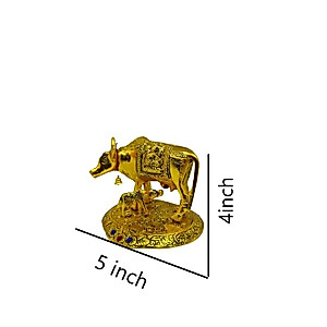 LCRAFT Brass Murti Kamdhenu Cow & Calf | Nandi Cow Decorative Showpiece | Cow with Calf Statue Idol for Diwali II Wedding II Pooja Room II Temple II Gifting | Gold and Silver (14 x 8 x 12.5 cm