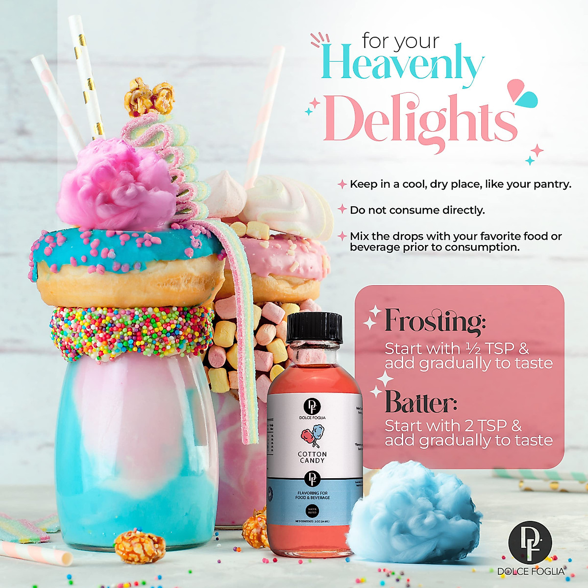 Dolce Foglia Cotton Candy Extract - 2 Ounce Multipurpose Flavoring for Baked Goods, Beverages, Coffee & Desserts - Sugar-Free Perfect For Weight Management, Pack of 2