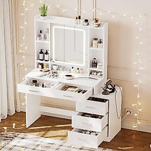 Rovaurx Vanity Table with Jewelry Organizer, Makeup Vanity with Mirror and 3-Color Lights, Vanity Desk with Charging Station, Bedroom Dressing Table, 5 Drawers and Side Cabinet, White RSZT110W