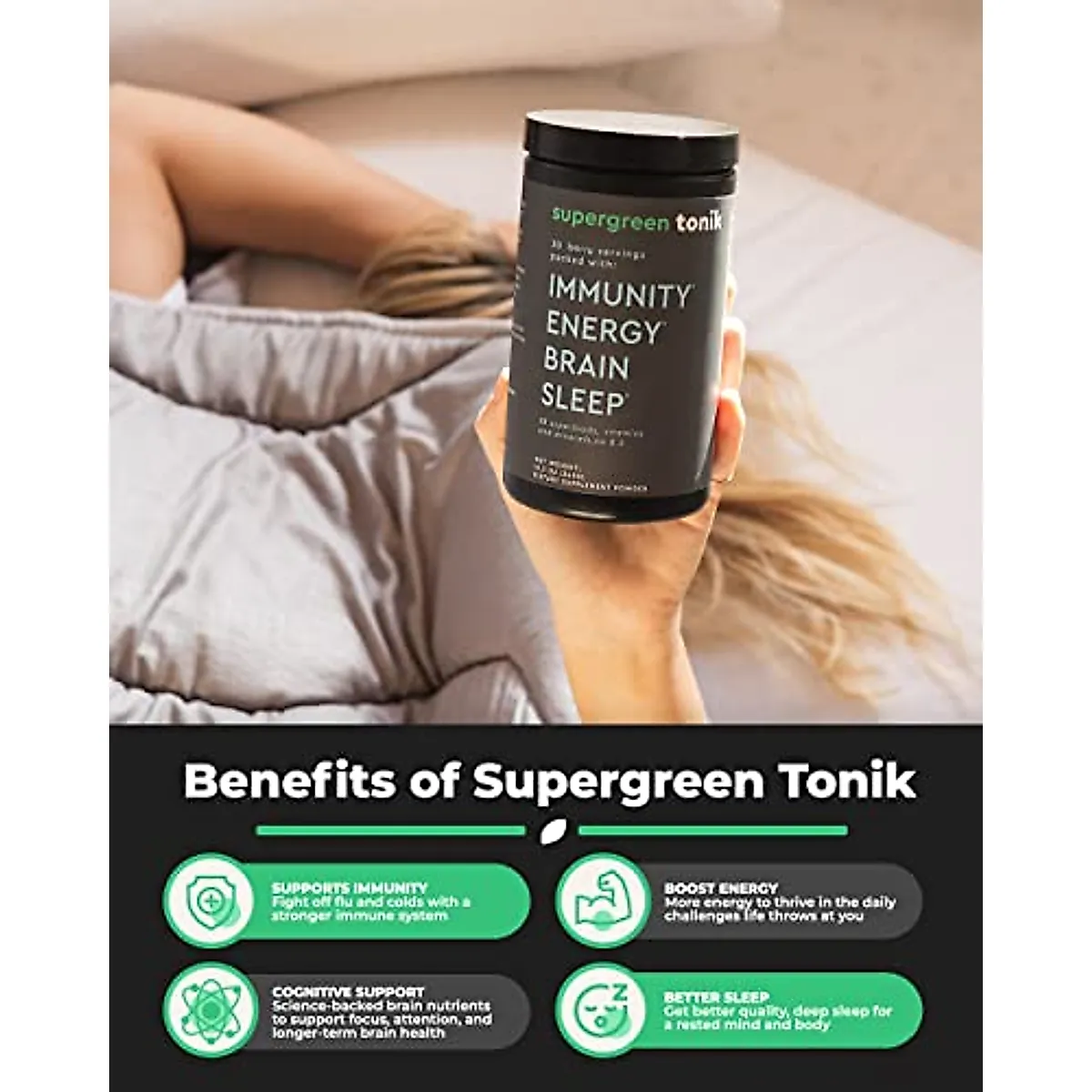SUPERGREEN TONIK 100% Natural Greens Superfood Powder – Daily Supplement with 38 Superfoods, Vitamins and Minerals – Supports Energy, Stress, Sleep, Immunity – 30 Days 378 Grams Berry Flavor (1 Tub)