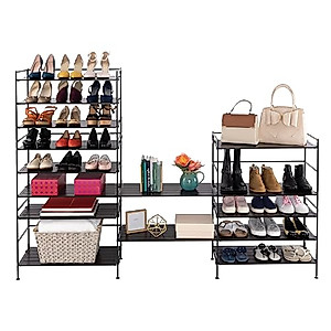 Seville Classics Sturdy Freestanding Storage Shelf for Bedroom, Closet, Entryway, Dorm Room Organizer, Stackable Metal 3-Tier 2" Resin Slat Shoe Rack, Espresso