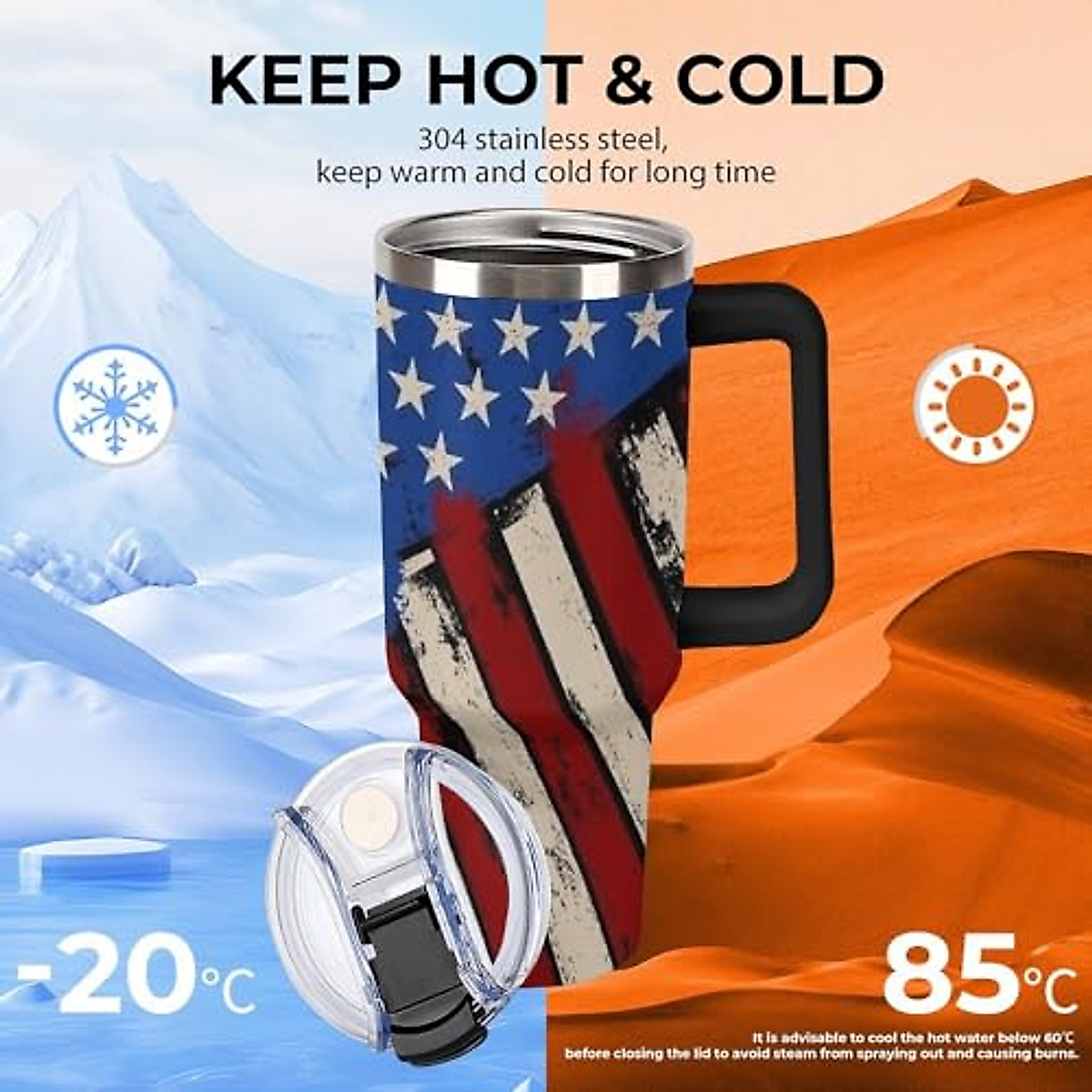 100% BLUE COLLAR Handle Tumbler for Women and Men, Cool American Flag Large Capacity Stainless Steel Cup with Rubber Ring and Straw, Water Bottle for Walking,Climbing