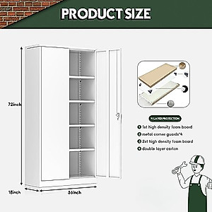 Pataku Metal Storage Cabinet, Garage Cabinet with Doors and Shelves 72''Hx36''Wx18''D, File Cabinet for Office, Tool Cabient for Garage, Utility Room, Pantry, White