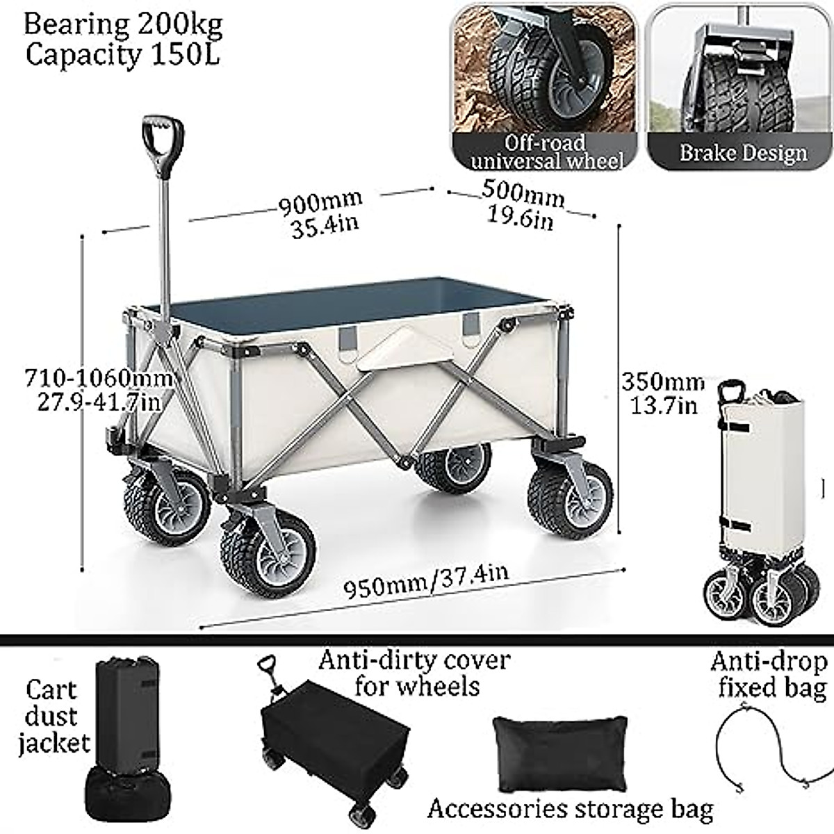 YJSG Collapsible Folding Wagon Garden Cart,White Garden Carts,Beach Wagon Grocery Wagon Wagon Sports Utility Off-Road Wheels with Brakes Wagon Cart 200Kg Load Camping Cart