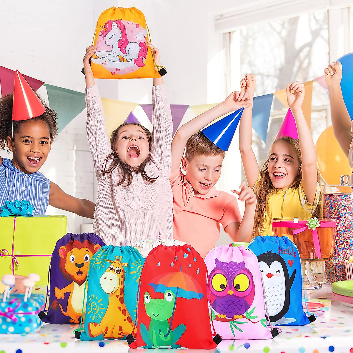 Animal Party Favor Drawstring Bags for Kids Birthday Supplies Carton Animal Backpack String Bags for Boys Girls Baby Shower Birthday Party Gift (32 Pack)