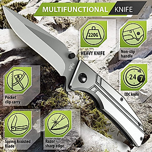 Bundle of 2 Items - Pocket Folding Knife - Military Style - Folding Knives - Tactical Knife - 3,5" Blade Pocket Knife - Sharp Folding Knives for Men Women - Gray EDC Knife with Pocket Clip - Gifts
