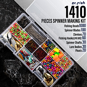 Dr.Fish 1410 Pieces Spinner Making Kit with Tackle Box Walleye Rig Lure Making Supplies Spinner Blades Lure Bodies Rig Floats Spinnerbait Shafts Freshwater Bass Fishing Materials