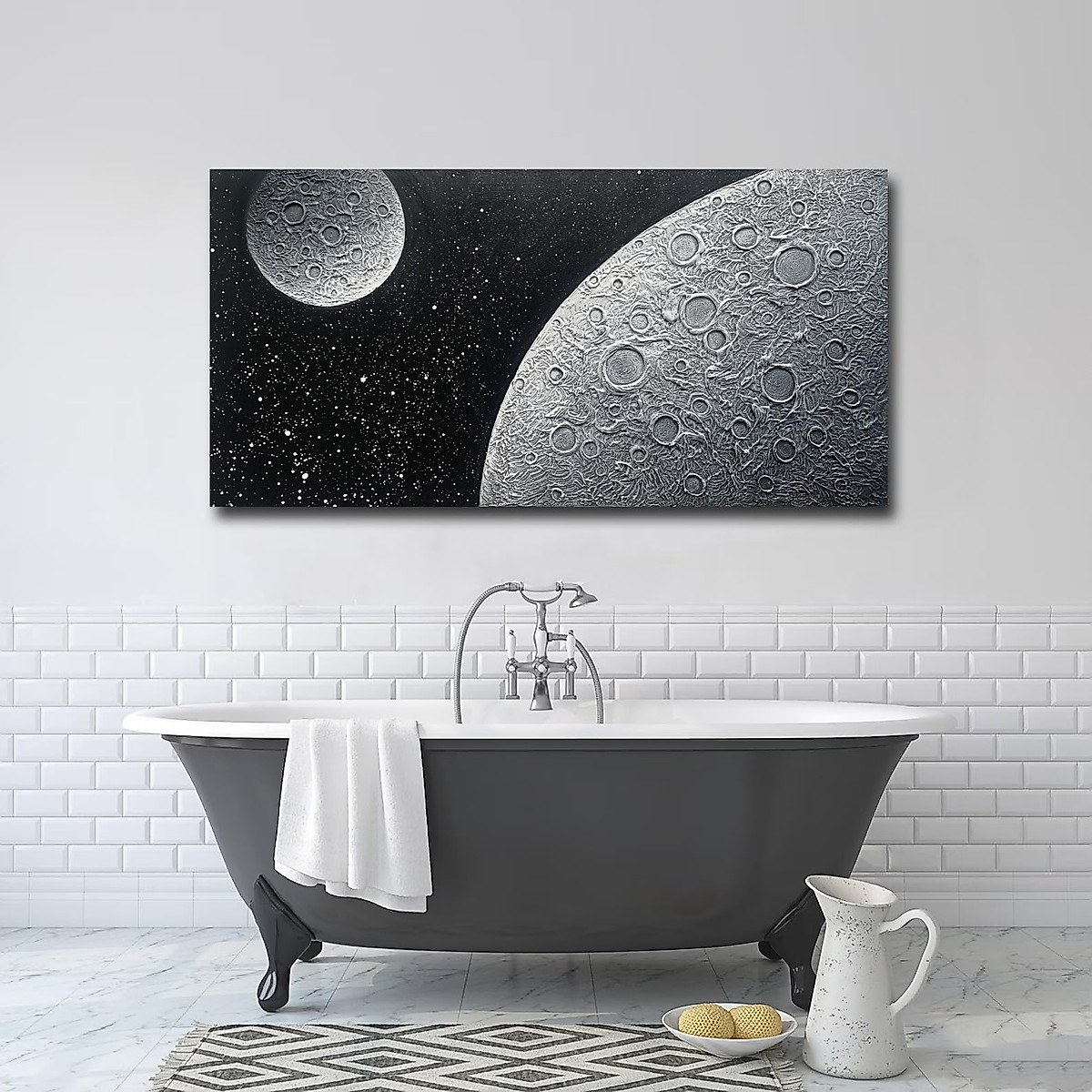 Landswaydecor Black and Grey Wall Art Moon Surface Canvas Oil Painting Home Decor Hand Painted Modern Textured 3D Artwork for Bedroom Living Room