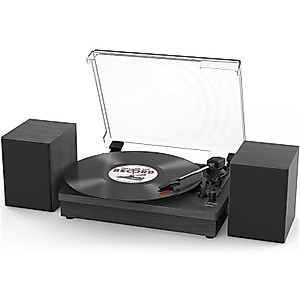 WOCKODER Record Player with Speakers, 3-Speed Vinyl Record Player with Dual Stereo Speakers Support Wireless Connection RCA Output Aux in USB Vintage Design Turntable Black, R612