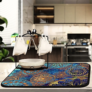 GIPOUTY Dish Drying Mat for Kitchen Counter, Golden Blue Mandala Bohemian Absorbent Microfiber Dish Draining Mat Extra Large 24×18in Protector Pad Heat-resistant