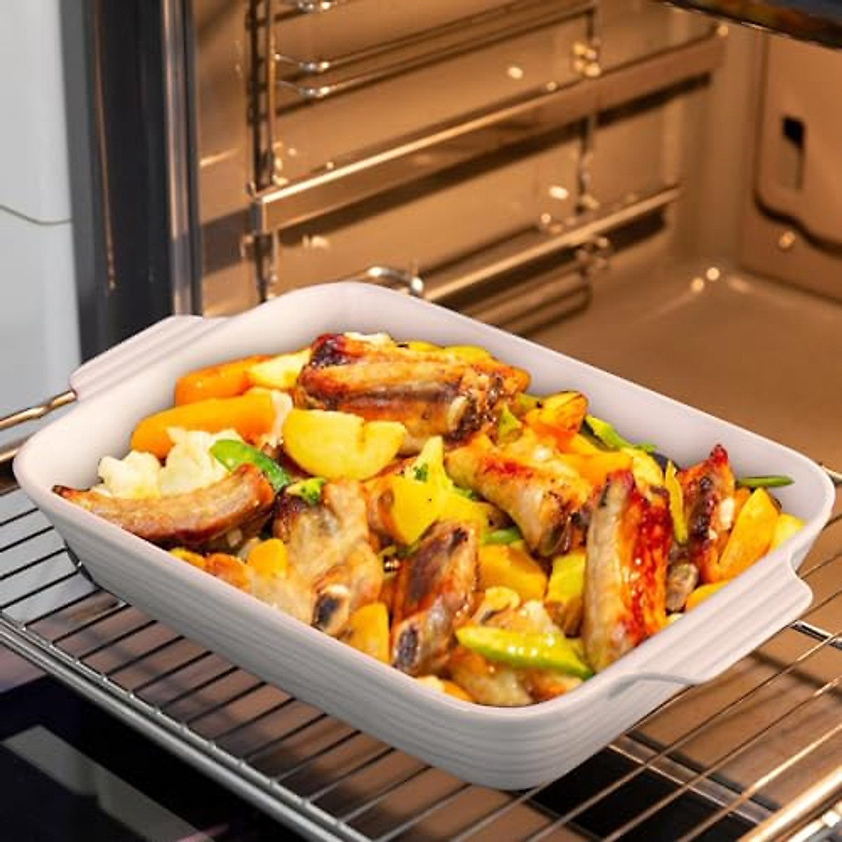 Baking Dish for Oven Casserole Dishes Bakeware Set With Ramekin Ceramic Lasagna Pan 9×12.8 Inch Large Deep Baking Dishes Rectangular Non-Stick Baking Pans for Kitchen Baking and Roasting White