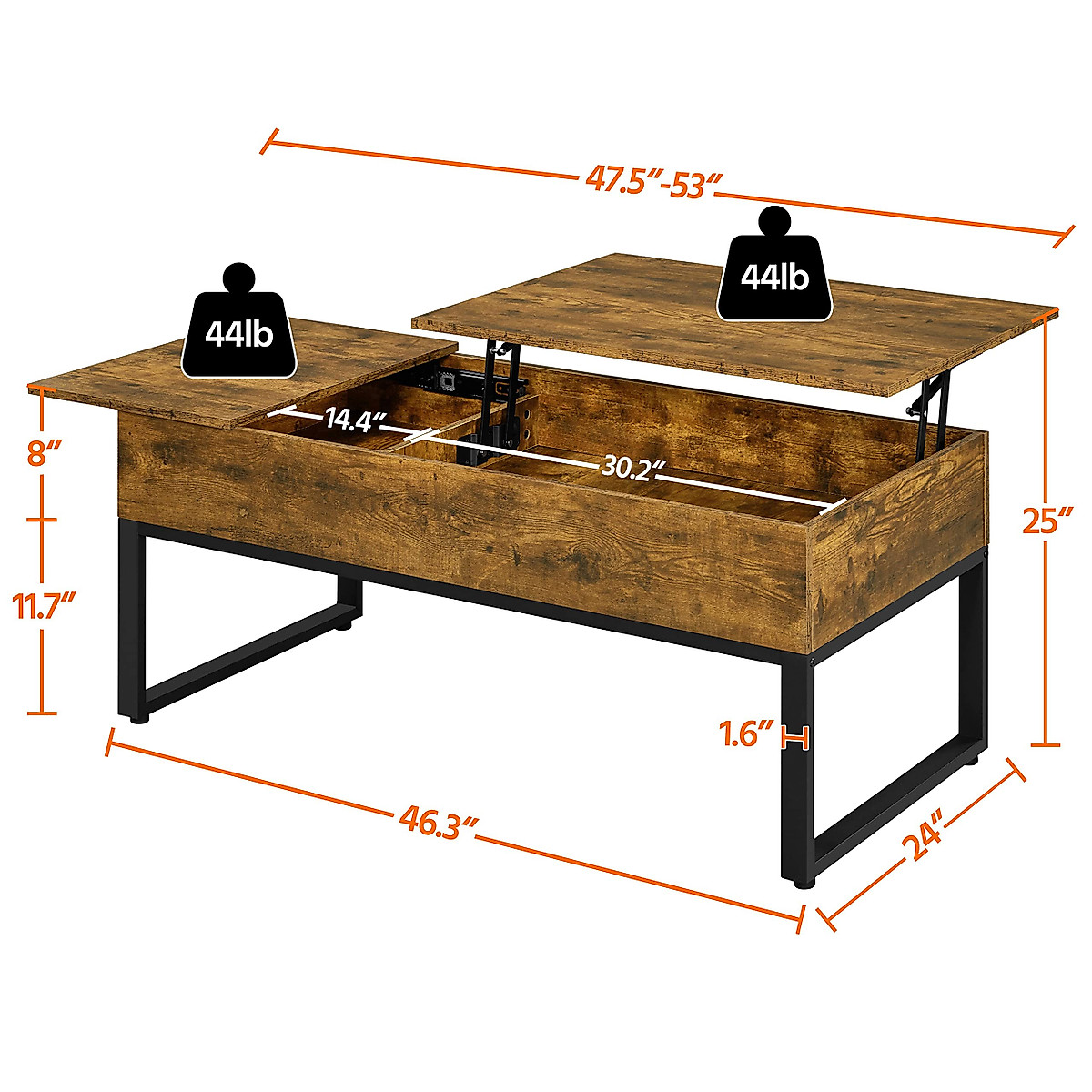 Yaheetech Lift Top Coffee Table with Storage, Industrial Coffee Table with Hidden Compartment & Lift Tabletop for Living Room, Rustic Brown