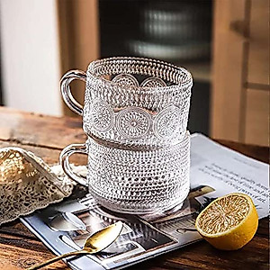 Vintage Glass Coffee Mugs 14 Oz Set of 4 Embossed Glass Cups for Tea, Coffee Mugs for Cappuccino, Latte, Cereal, Yogurt, Hot/Cold Holiday gift and Housewarming, Great Gift