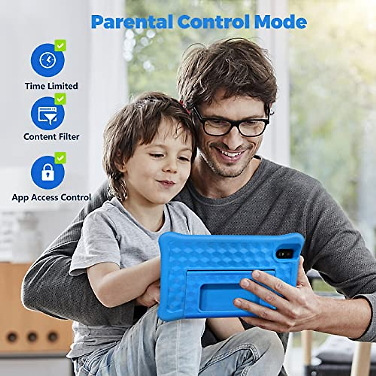 dxmart 32GB,Kids Tablet 8 inch Android 10.0 2GB RAM Quad Core 1280×800 IPS Display Parental Control Kids App Pre-Installed GMS Dual Cameras Kid-Proof Case YouTube Neflix (Blue)