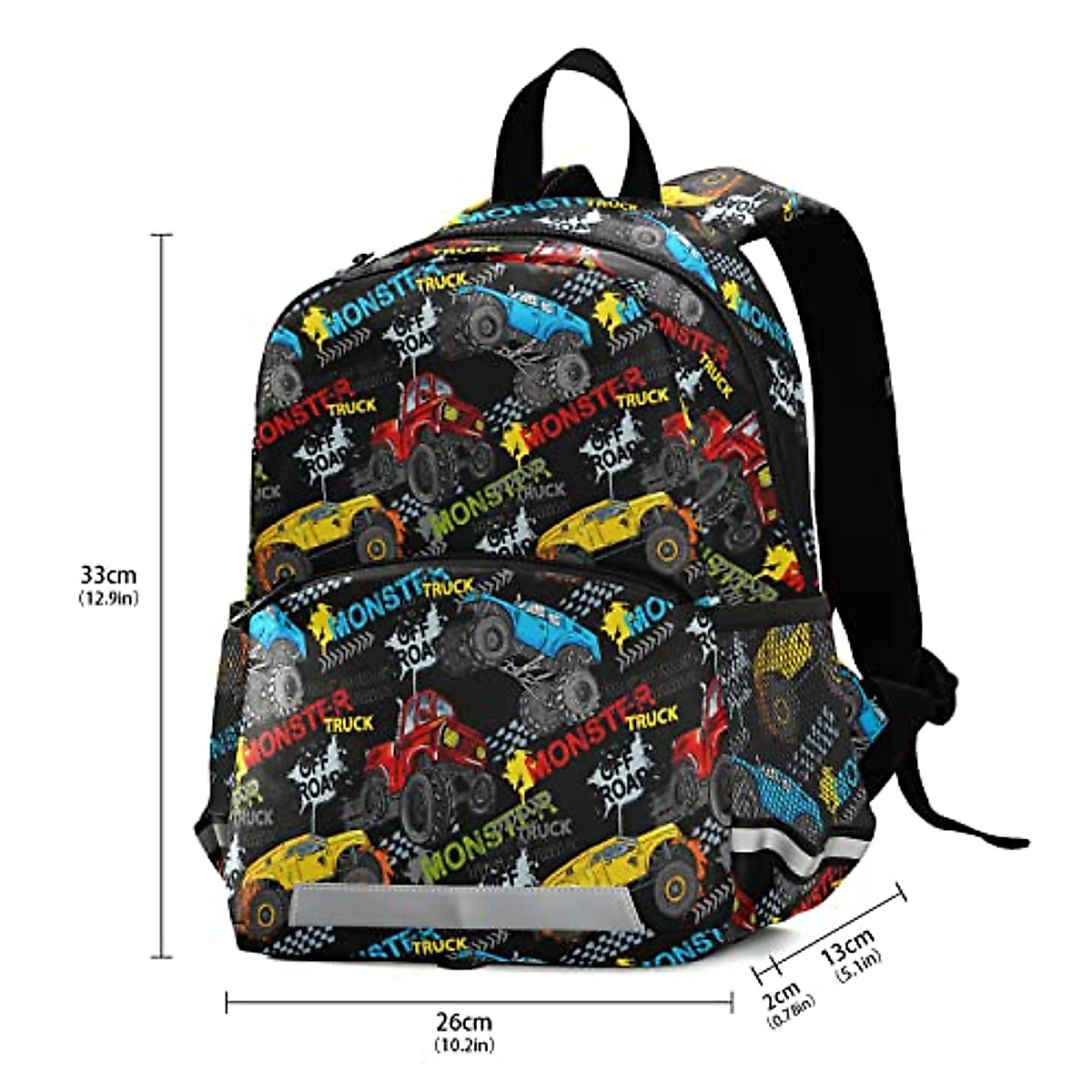 Fisyme Monster Truck Car Colorful Backpack Schoolbag Kids Daypack Toddler Travel School Bag Small Mini Backpacks for Kindergarten Preschool Nursery Children Boys Girls with Chest Strap