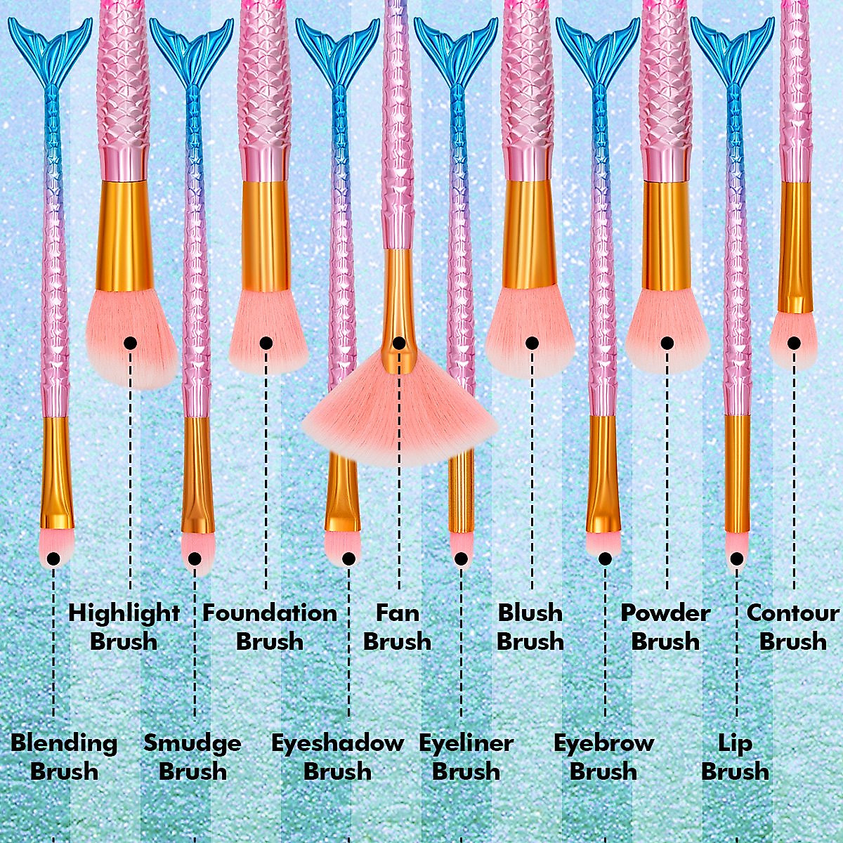 Makeup Brushes Set- Cosmetic Conceler Brushes Kit Tool 12PCS Make Up Foundation Eyebrow Eyeliner Blush Concealer Brushes Pink Mermaid Colorful (pink)