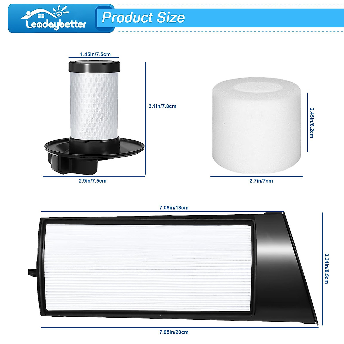 Leadaybetter ICZ362H Filter Replacement for Shark ICZ362H / IC160 / IC162 Vertex Pro Powered Lift-Away Cordless Vacuum, Part XFFK160 & XHEPA160, 4 Foam and 2 Round Filters, 1 HEPA Filter
