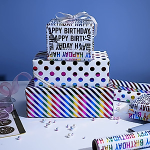 KORSEEN Gift Wrapping Paper Roll, Rainbow Gold Foil Wrapping Paper for Birthday, Party, Holiday - 3 Mini Rolls Birthday Gift Wrap - 17 x 120 Inch Per Roll