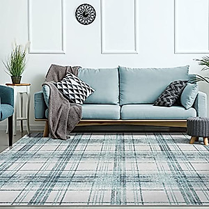 DECOMALL NELE Washable Area Rugs, Modern Lattice Non-Slip Carpet for Bedroom Living Room Sofa Dining Room, Blue 5’x7’