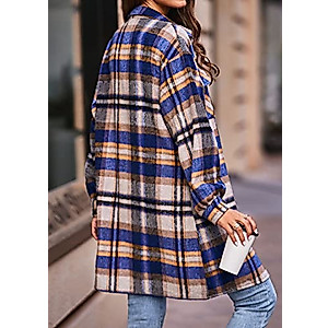 BTFBM Women's Corduroy Shacket Jacket Shirts Lapel Long Sleeve Oversized 2023 Fall Winter Button Down Shirt Dress Pocket(Plaid Royal Blue, X-Large)